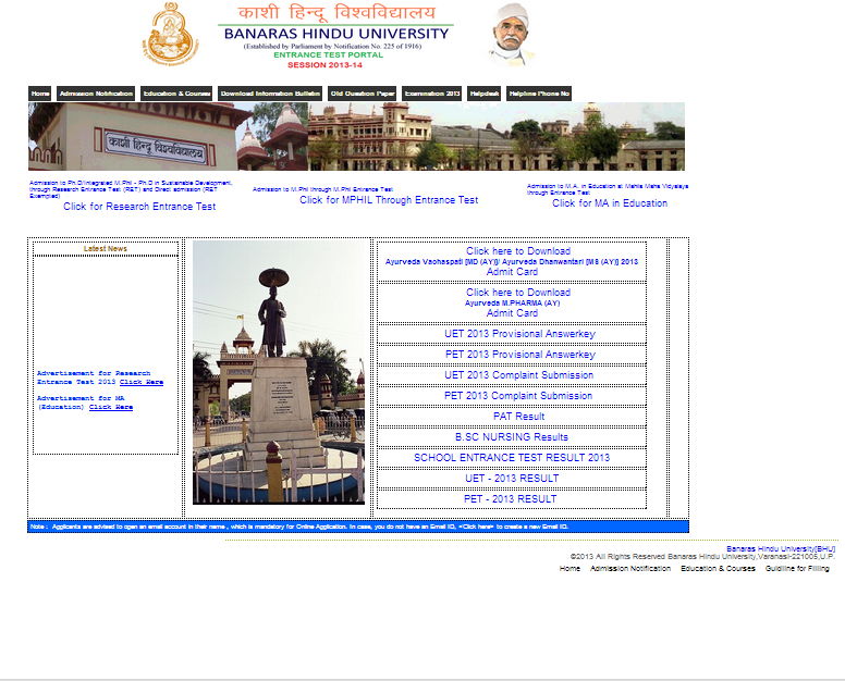 BHU Online Admission 2013